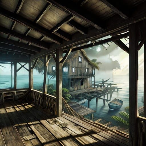 A multi-storey rickety old house on a tiny island in the middle of the ...