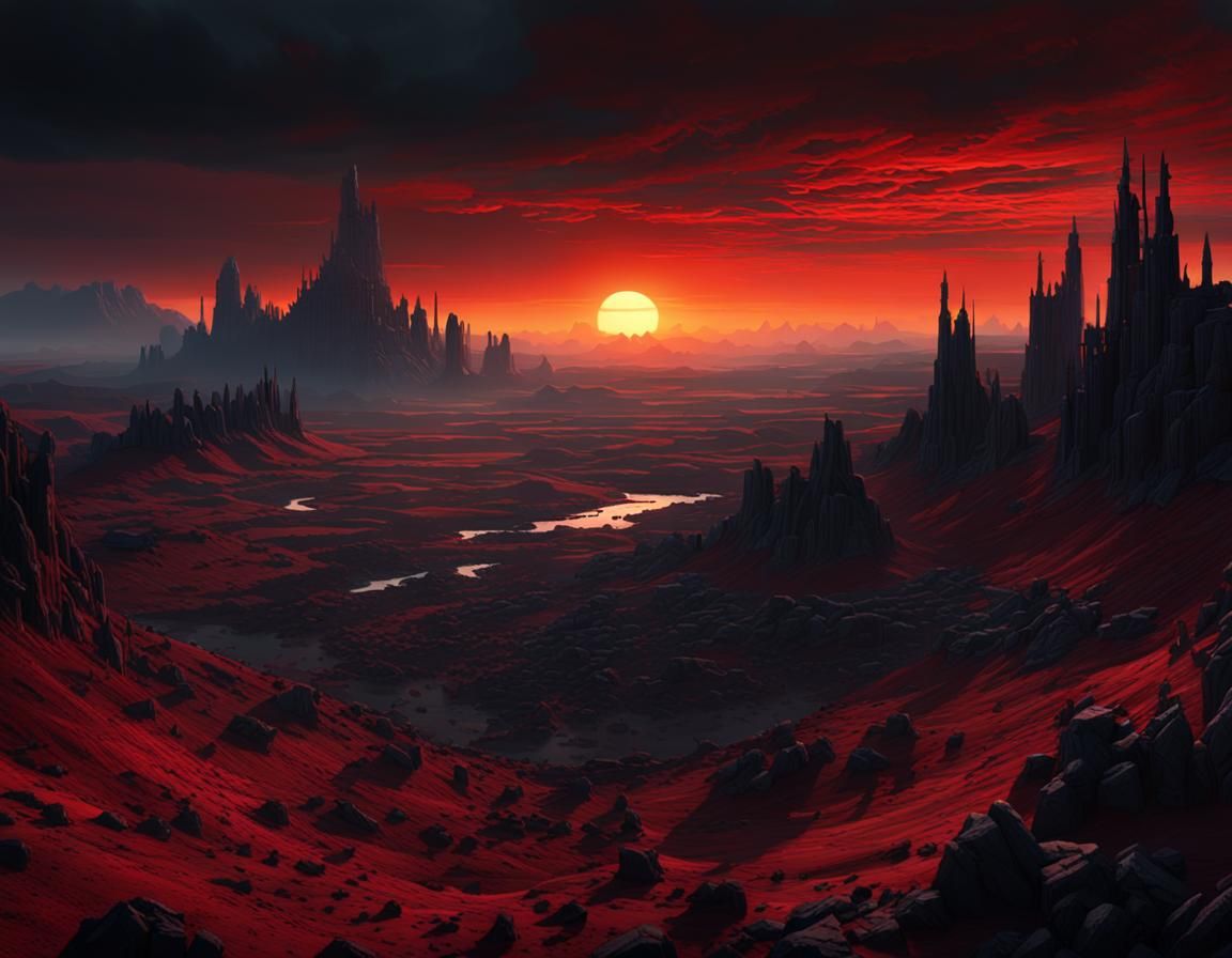 Gothic Sunsets: Paint dramatic, blood-red sunsets over shadowy ...