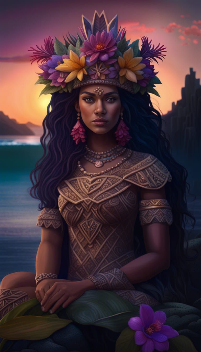 A Polynesian Princess sitting by the shore at sunset - AI Generated ...