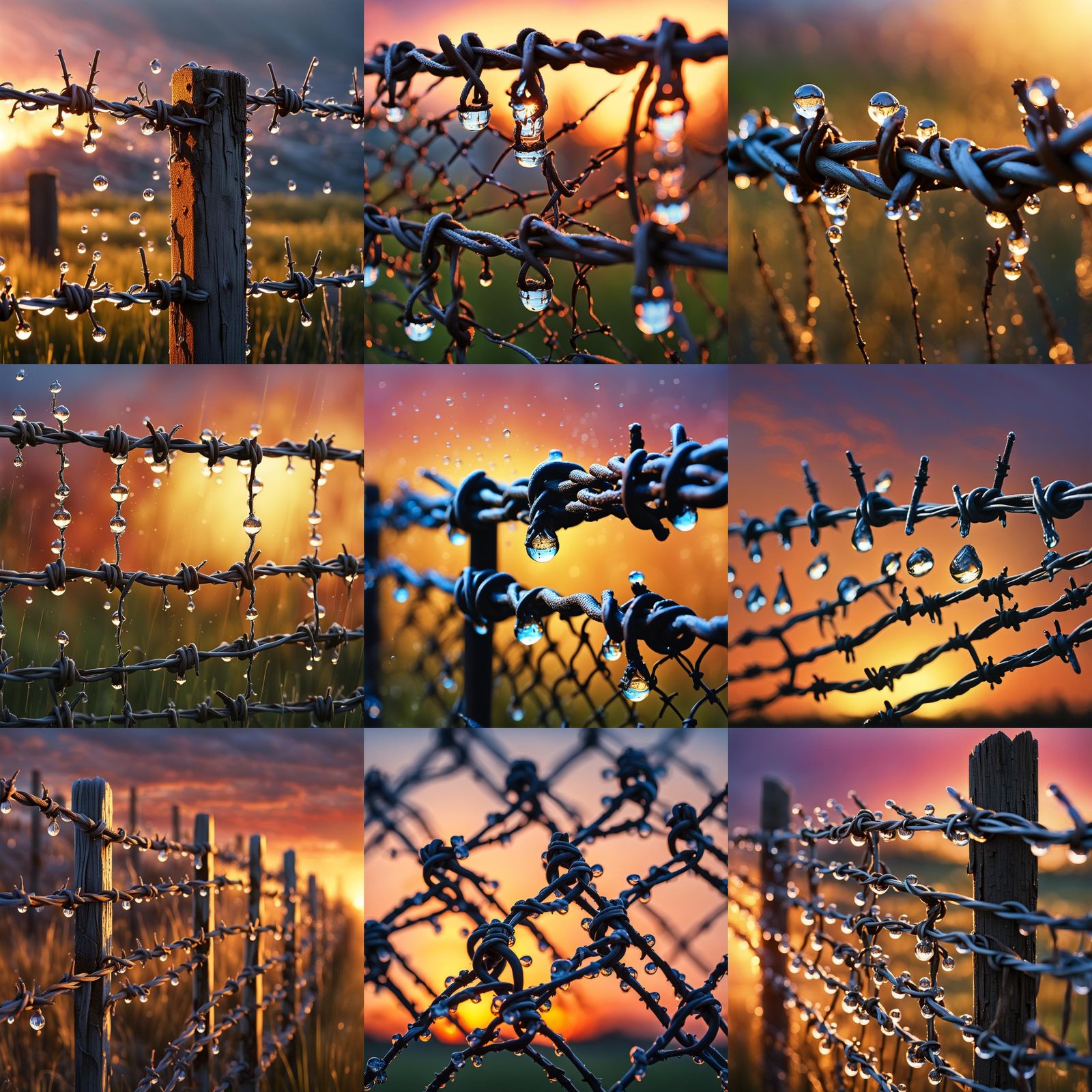 Dew drops dripping off old, rusty barbed wire fence at dawn - AI ...