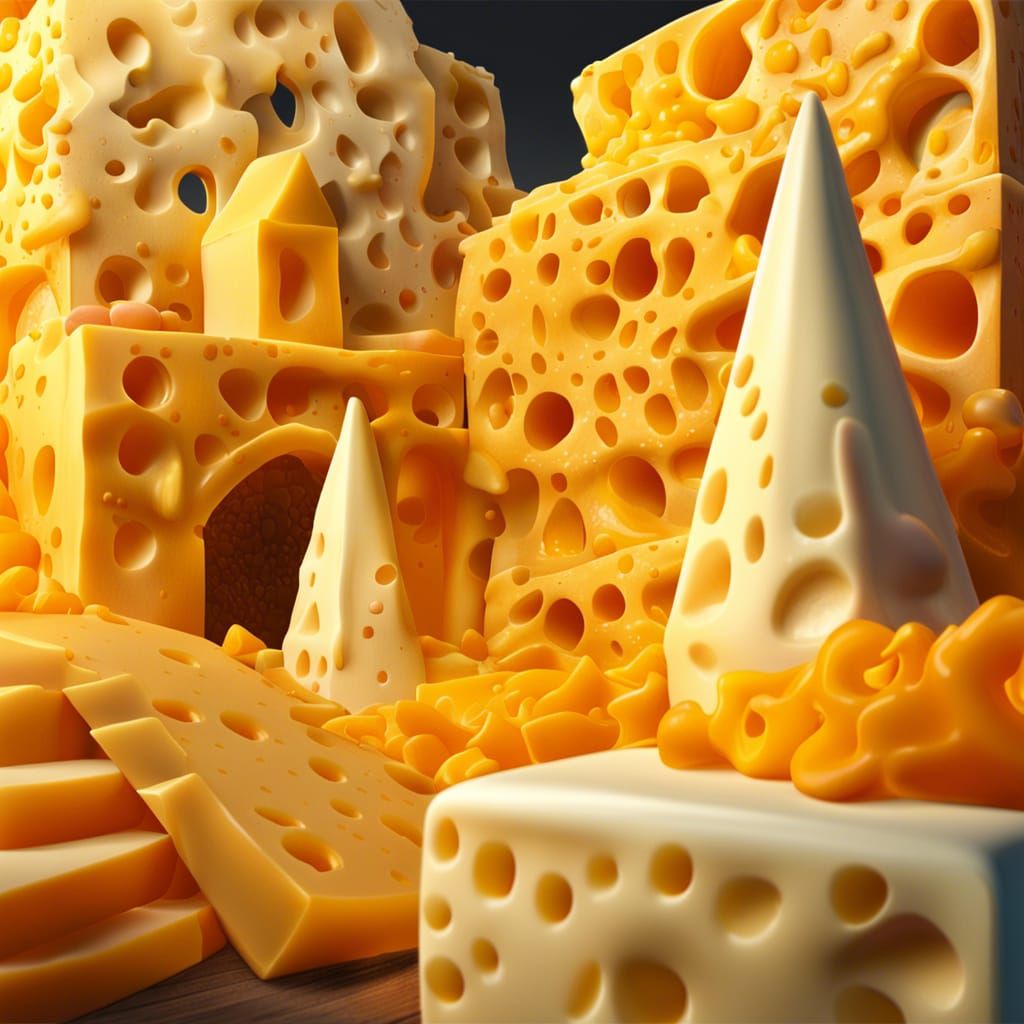 Design a scene or object made entirely of cheese, be it a cheddar ...