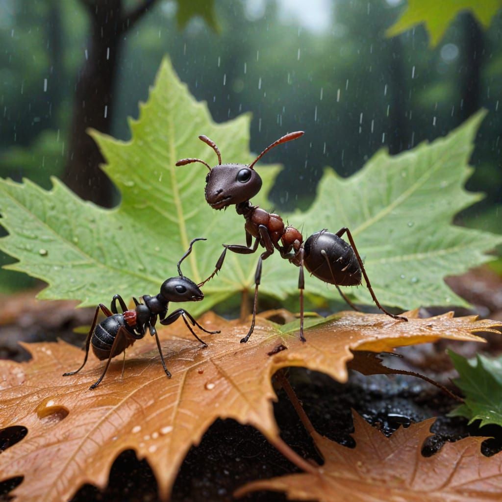 Ants - Hyper Realistic Fantasy Ant on Maple Leaf in Thunders...