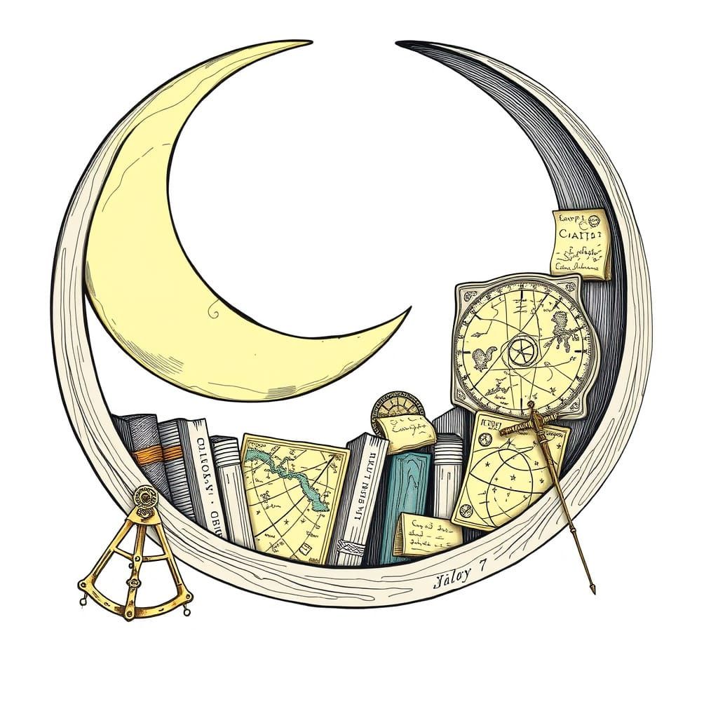 "Crescent moon morphing into a curved bookshelf filled with ancient ...
