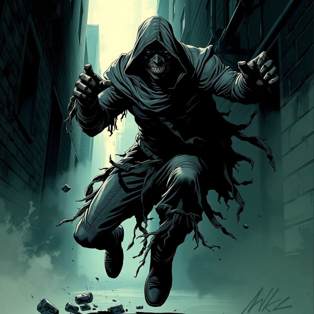 Dark Gritty Superhero in Tattered Rag Costume Leap... - AI Art