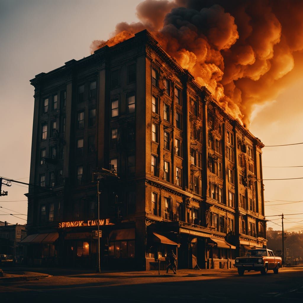 An elongated building on fire: - Epic Cinematic Still of a ...