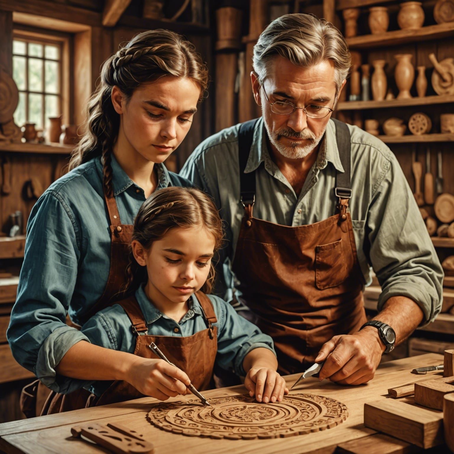 Handsome Master woodcarver and his young female apprentice - AI ...