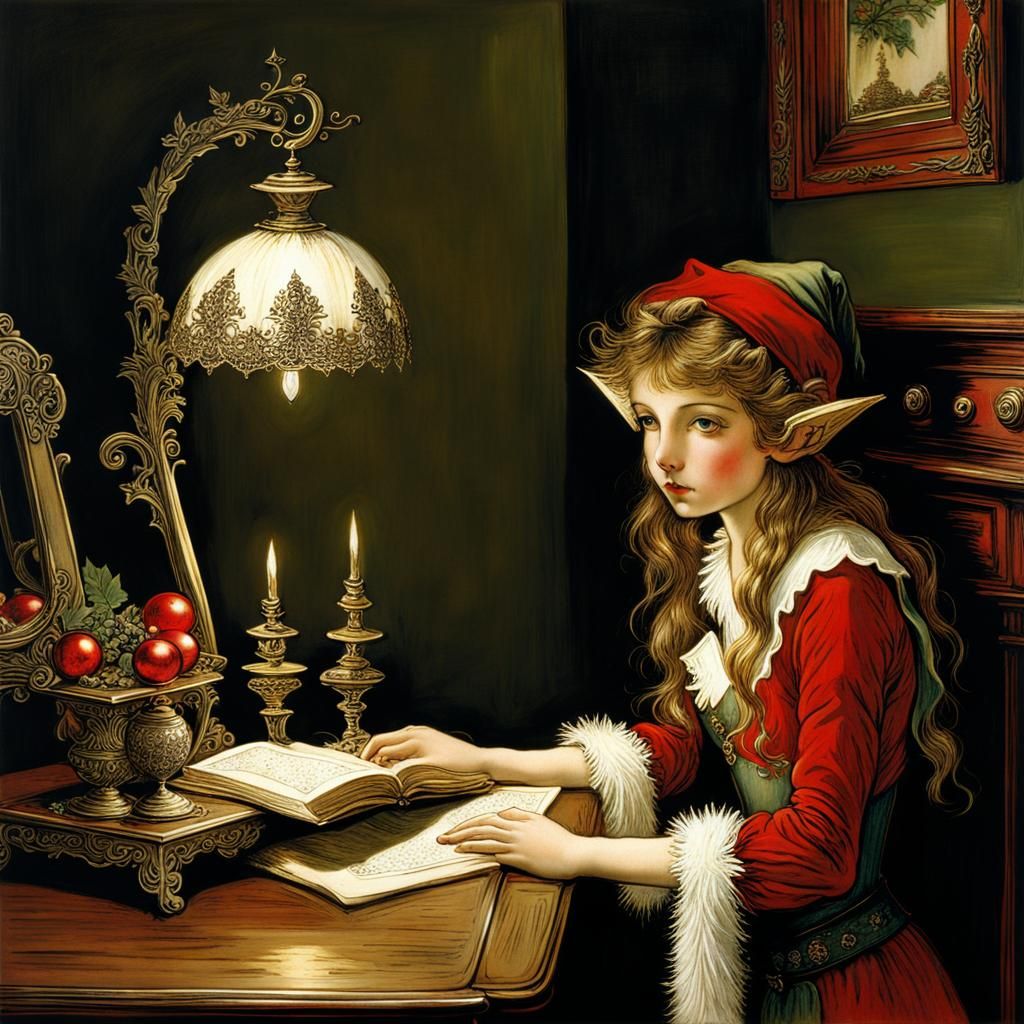 Christmas elf on a nightstand, beautiful, ornately detailed, Arthur ...