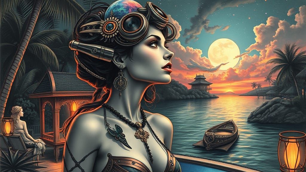 A Steampunk Goddess in Lush Island Paradise - AI Art