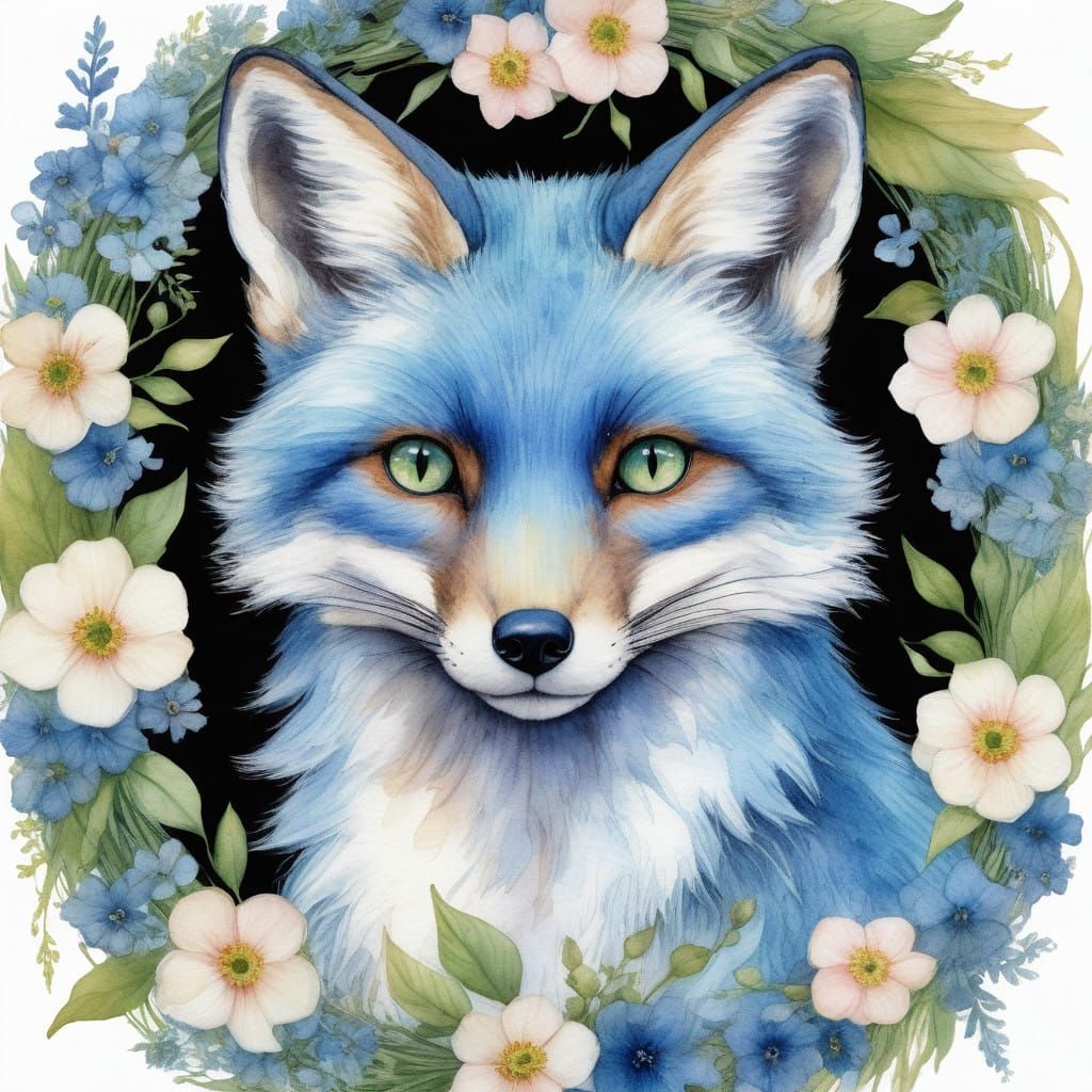 Blue fox with beautiful, flowery wreaths.