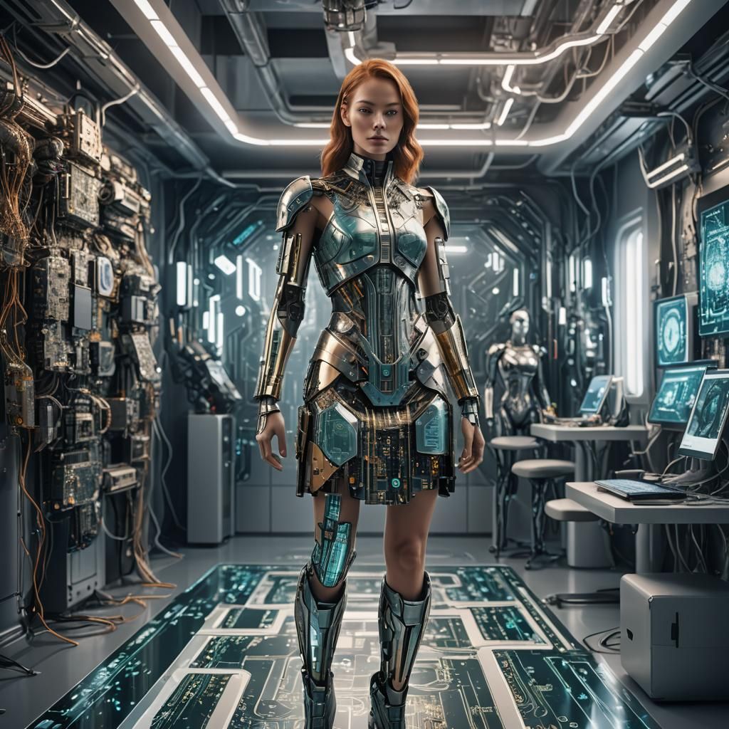 hyper realistic image of a cyborg woman with a dress made out of ...