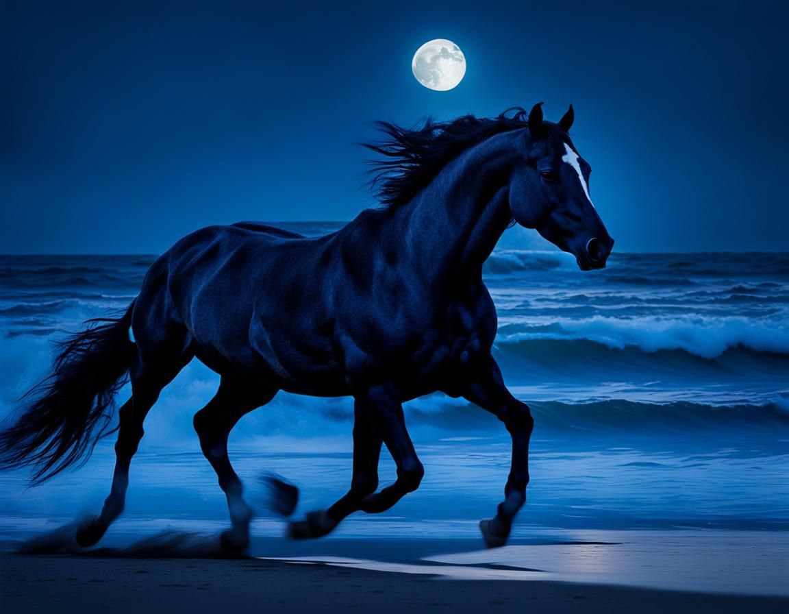 Phantom horse running in the moonlight on a nighttime beach - AI ...