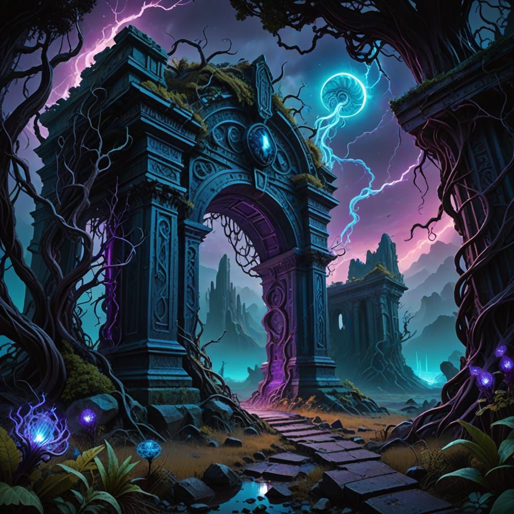 Eldritch Ruins with Swirling Oblivion Gate in Cybe... - AI Art