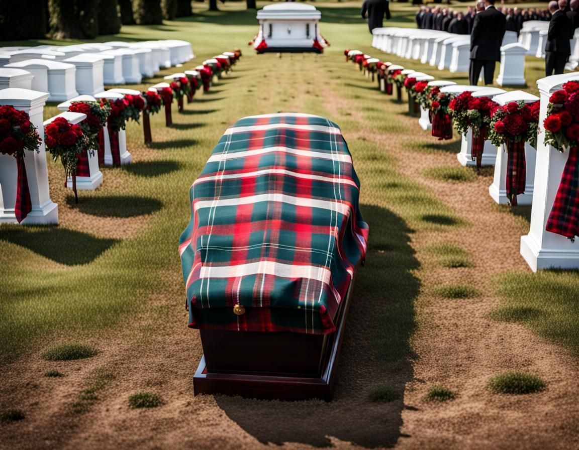 Coffin covered in plaid material, lowered into the ground at a funeral ...