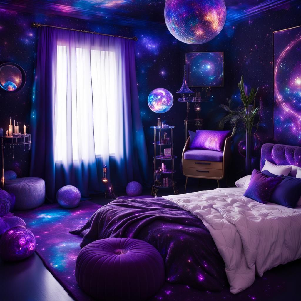 Cosmic bedroom with purple holographic walls& cobalt blue holographic ...