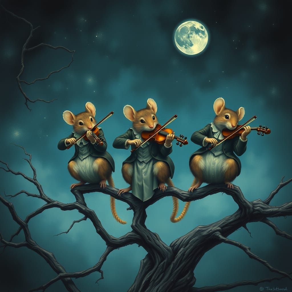 Surreal Baroque Mice Play Violins on a Haunted Tre... - AI Art