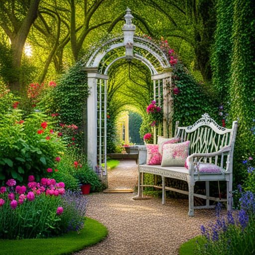 English rose gardens, fountains, statues, or garden benches - AI ...