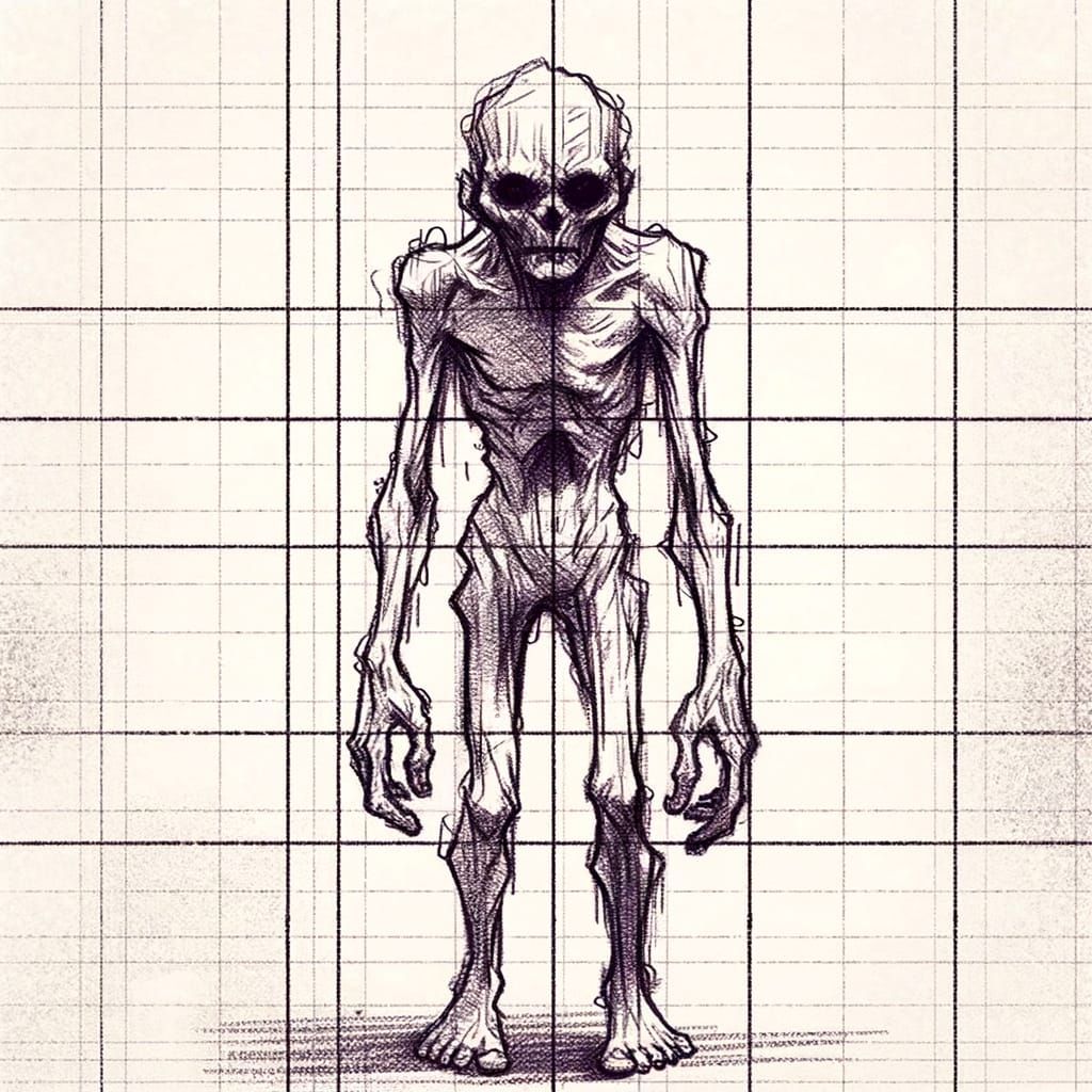 Distorted Humanoid Figure in Draft-Quality Sketch - AI Art