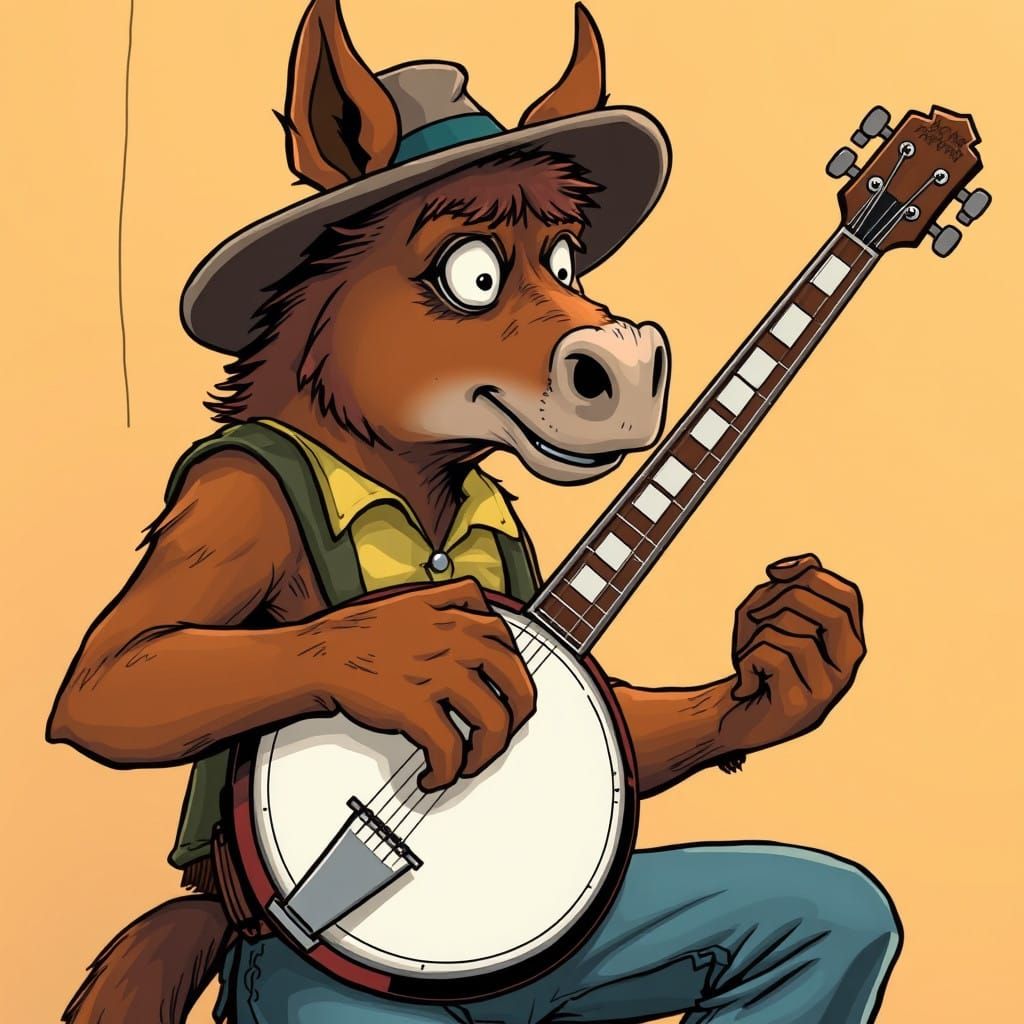 cartoon mule playing a banjo - Surreal Cartoon Mule Delights...