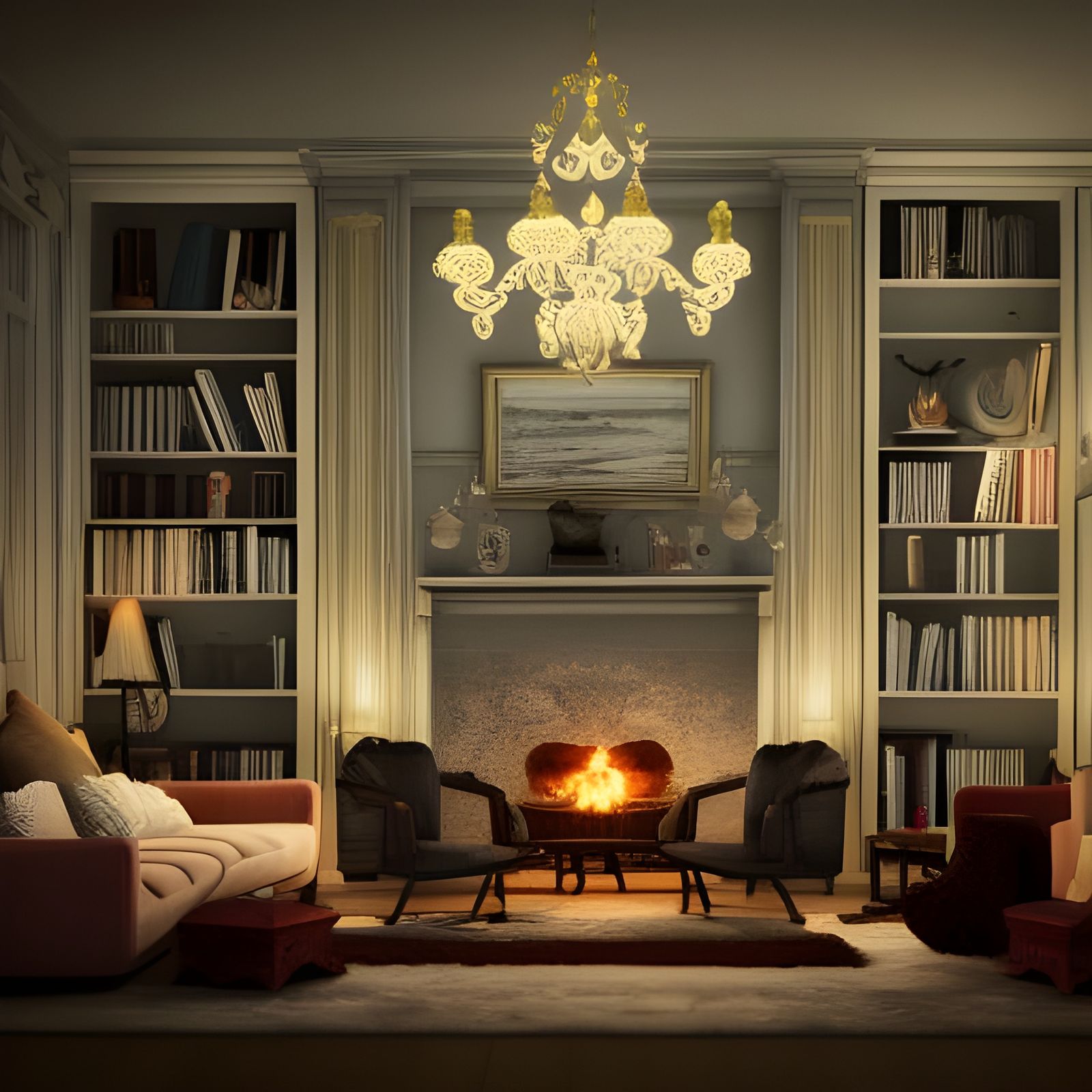 Cozy little library with roaring fire and a place to relax and read ...