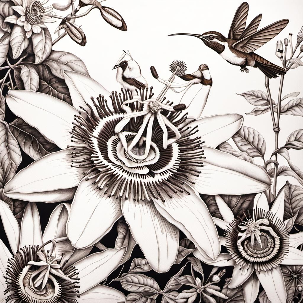sepia ink drawing of passion flower in full bloom - AI Generated ...