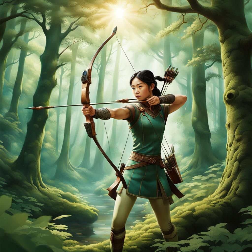 Craft a scene depicting a dynamic moment of an Asian female archer hunting in the depths of an ...