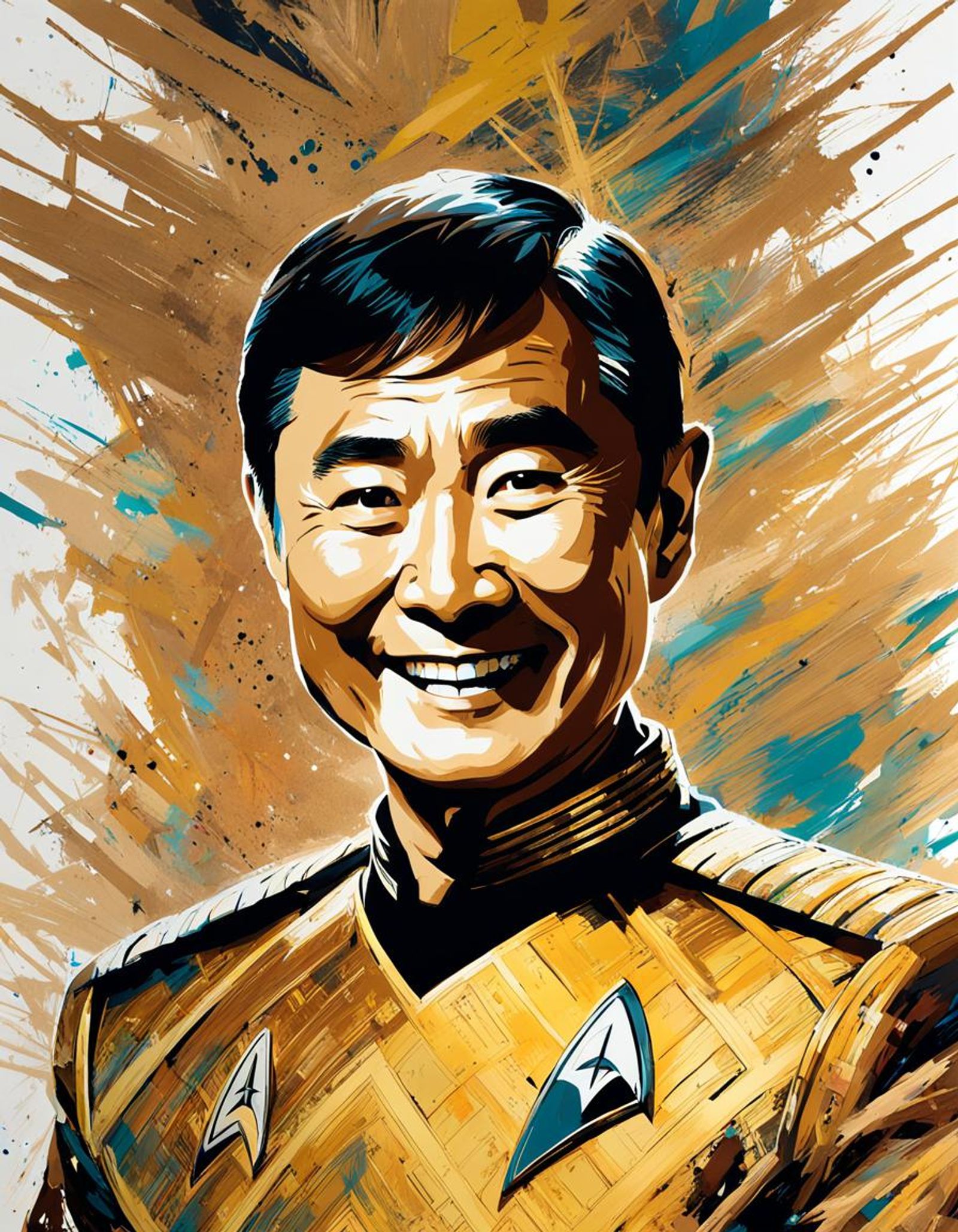 Portrait of George Takei in the style of Carne Griffiths, smiling, in a ...