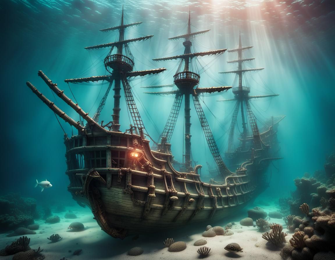 Underwater view of a fantastical glowing transparent shipwreck of a ...