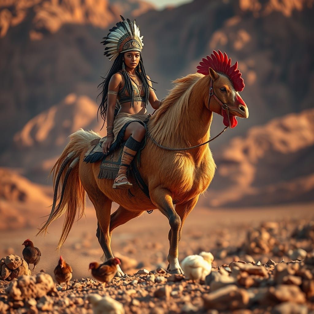 Tribal Woman Rides Martian Chicken-Horse in Earthy... - AI Art