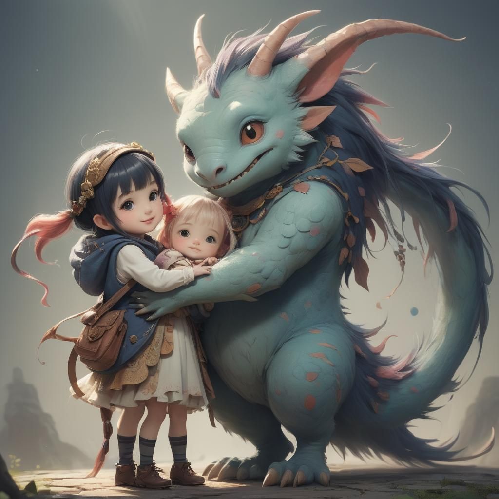 Magical Creature Hugs Toddler in Whimsical 3D Anim... - AI Art