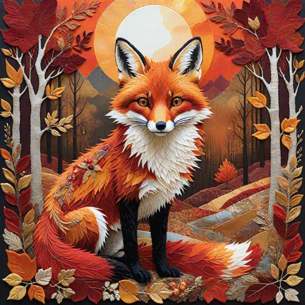 beautiful mixed media fabric collage with added textured embroidery of a pretty red fox