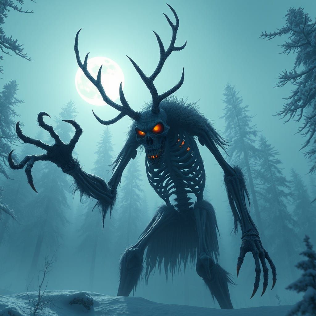 Towering Wendigo Lurks in Snow-Covered Forest unde... - AI Art