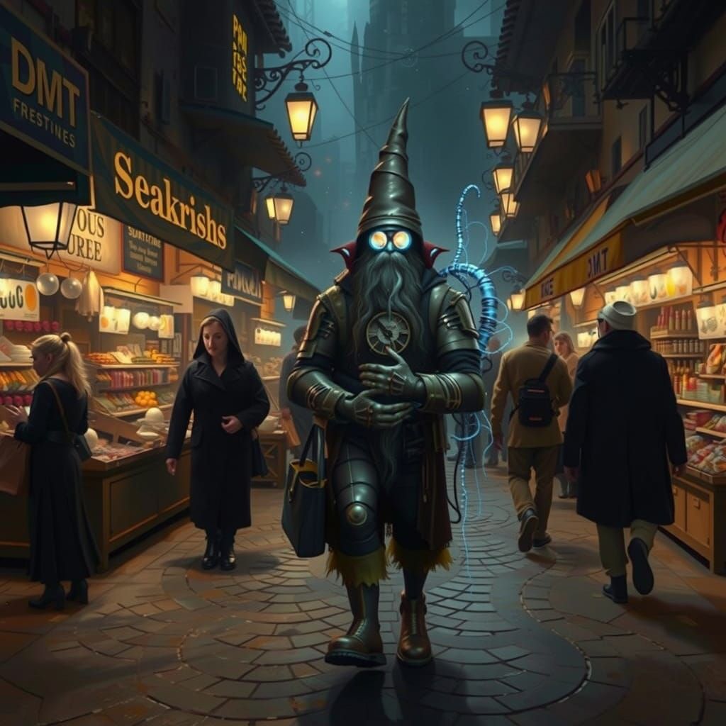 DMT machine gnome, adorned in glowing goggles and pointed hat, strolls ...