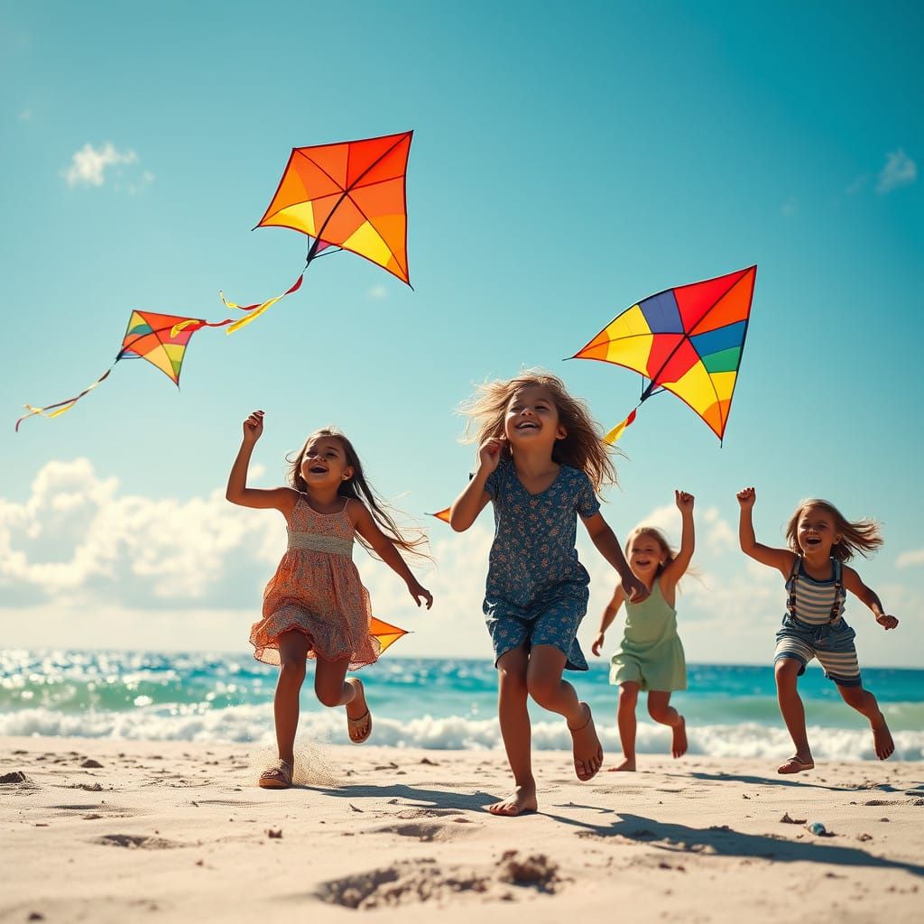 Serenity at the Beach: Children Soar with Colorful... - AI Art
