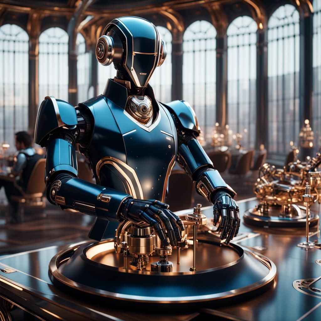 A dashing cyborg butler with a robotic visage. 🤖🎩, intricate mech ...