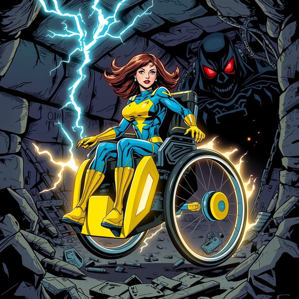 A dramatic and dynamic scene of a Female superhero in a flying Electrical wheelchair using ...