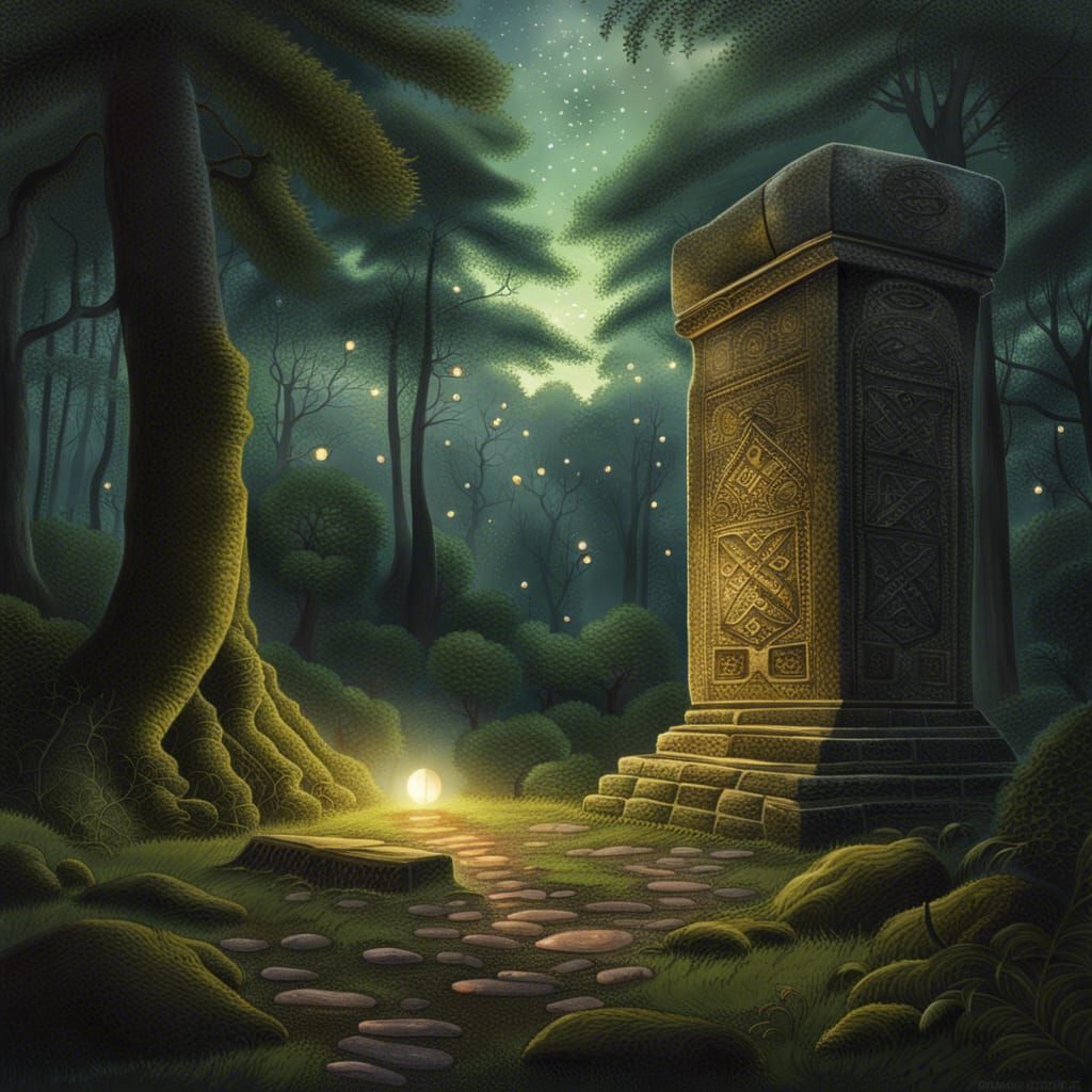 A clearing in a forest at dusk with fireflies and ancient stone ...