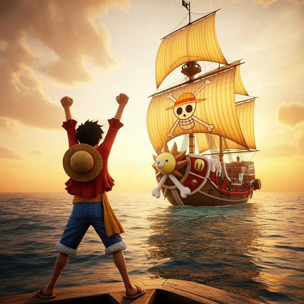 Luffy Embarks on the High Seas in Epic Fantasy Sun... - AI Art