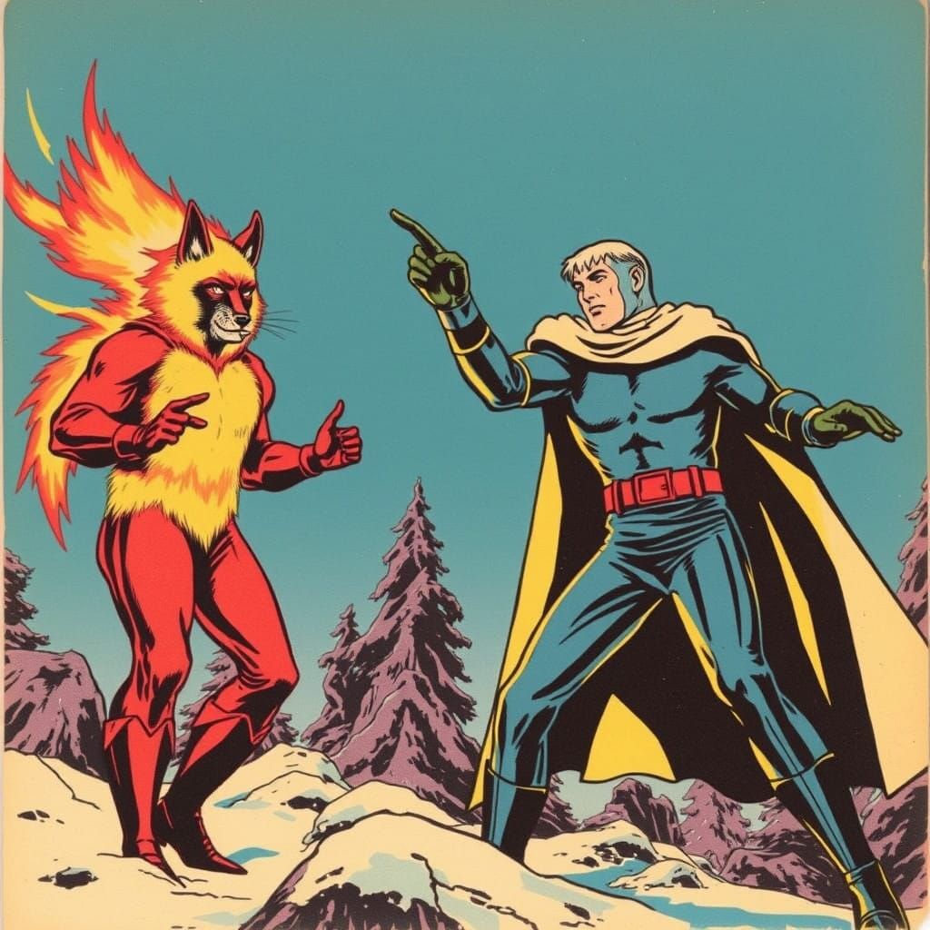Vintage Pulp Comic Style Superhero Battles Fiery F... - AI Art