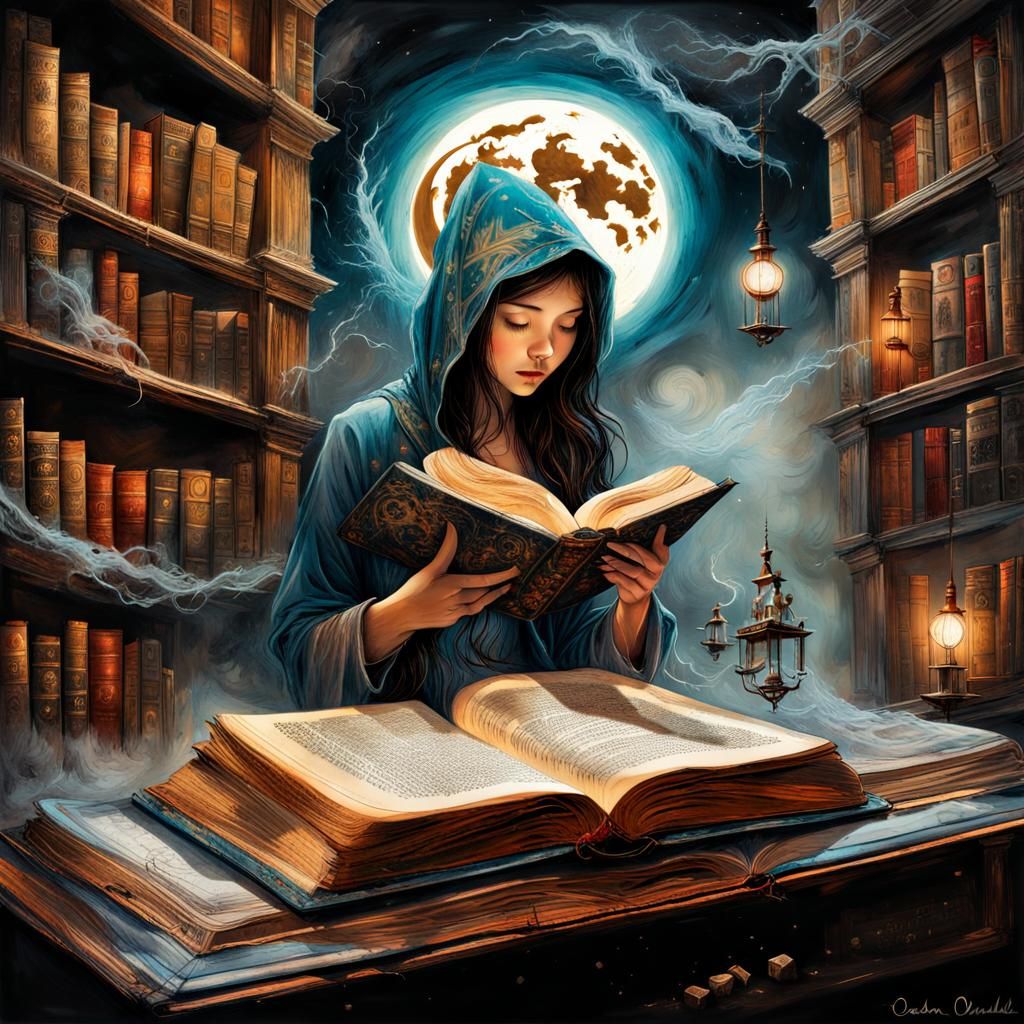 Library, Fantasy dreams, magic, reading, moon, fog, gloomy, books, ink ...