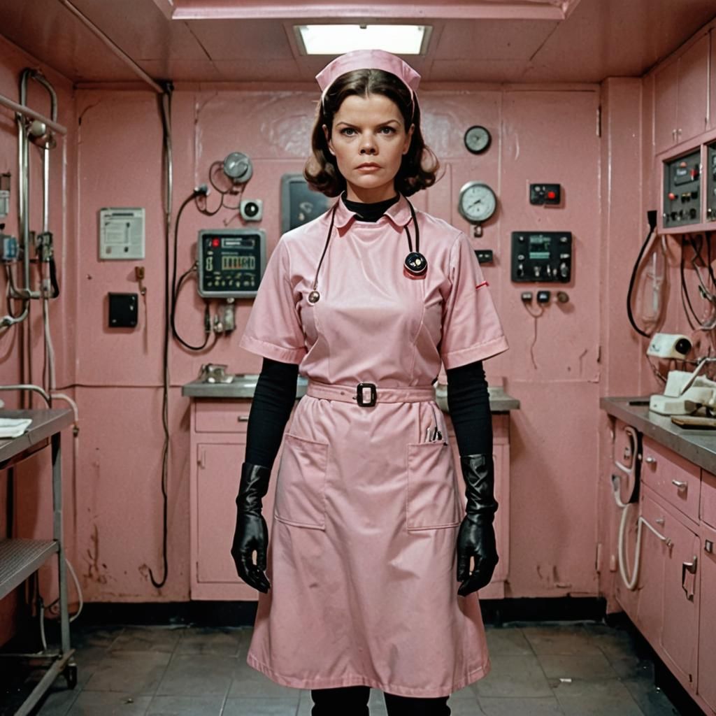 Full body picture of Genevieve Bujold as a strict nurse.