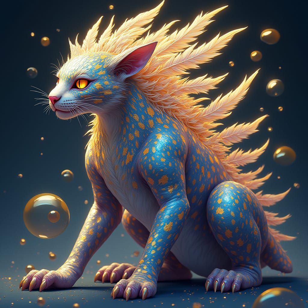 Iridescent Feline with Glowing Runes and Feathers - AI Art