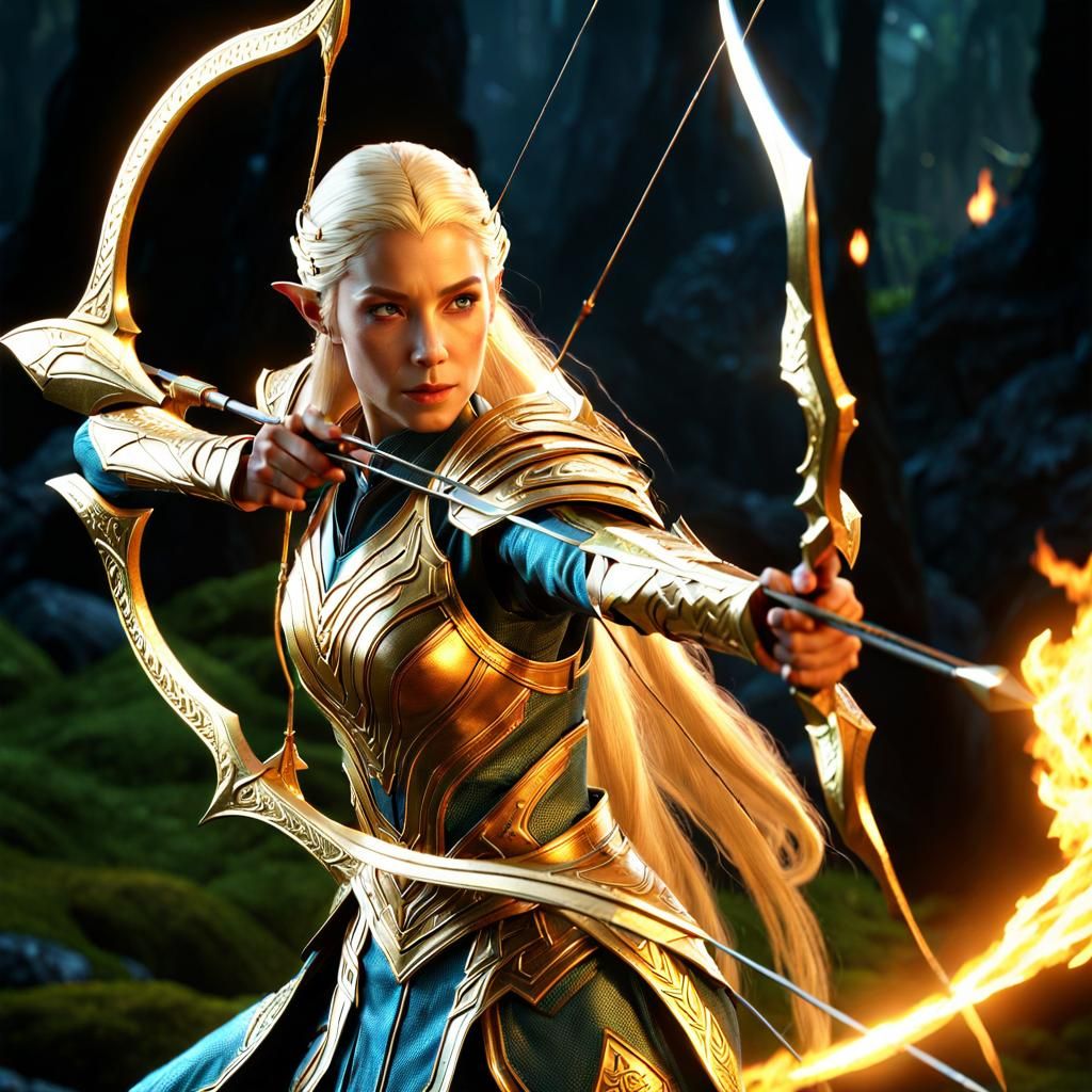 Lady Galadriel In Battle with Fire Arrows, By Lord Elboron : r/nightcafe