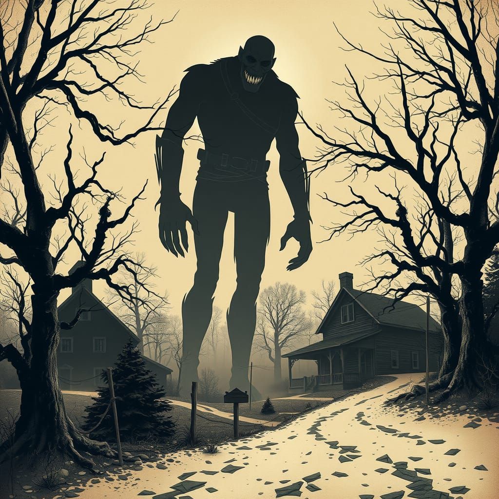 living shadow, pure black, full body silhouette, giant humanoid figure ...