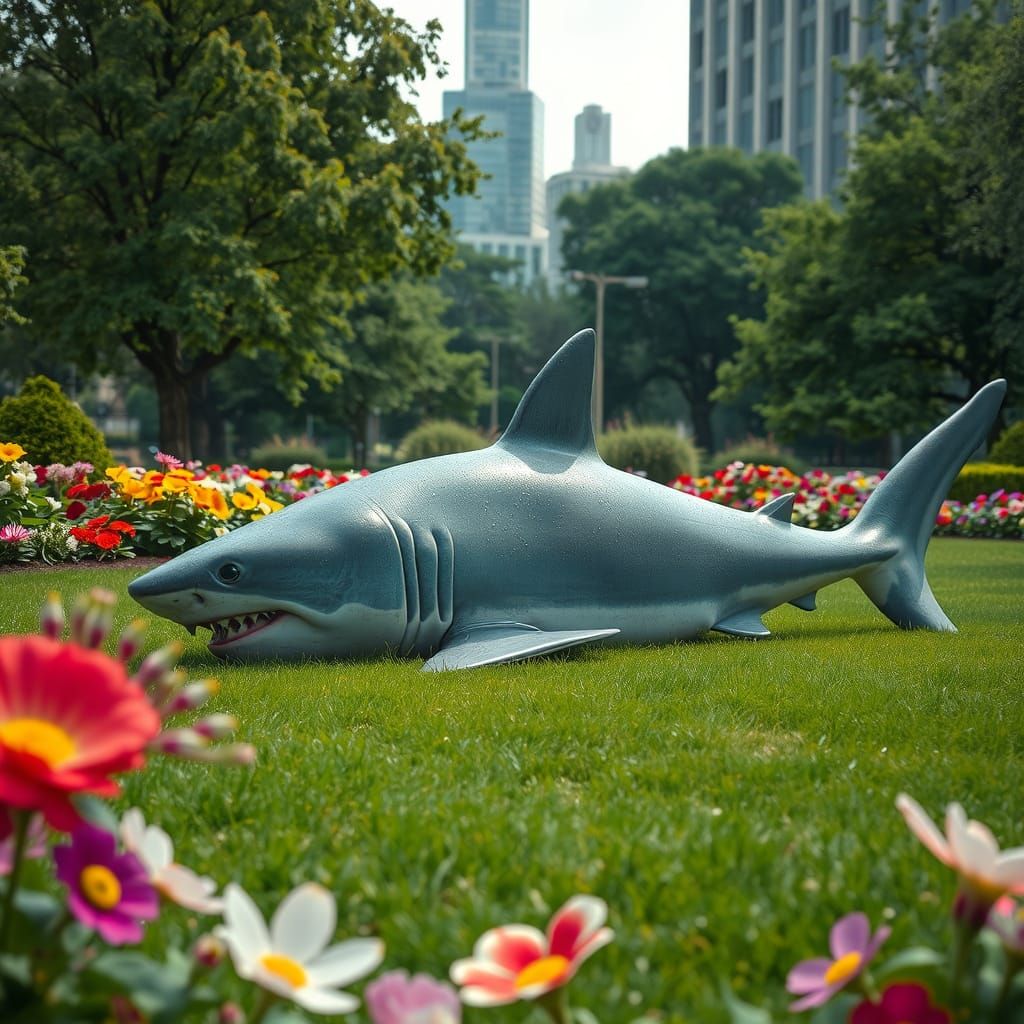 shark in a park - Sleek Shark at Play in a Whimsical Urban O...