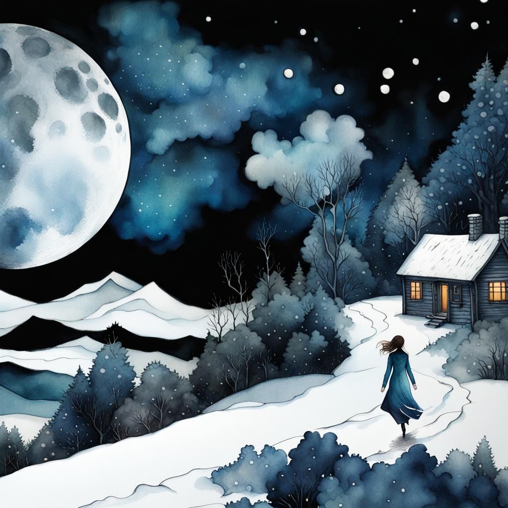 intricate liquid ink watercolor illustration of a blue moonscape, wild ...