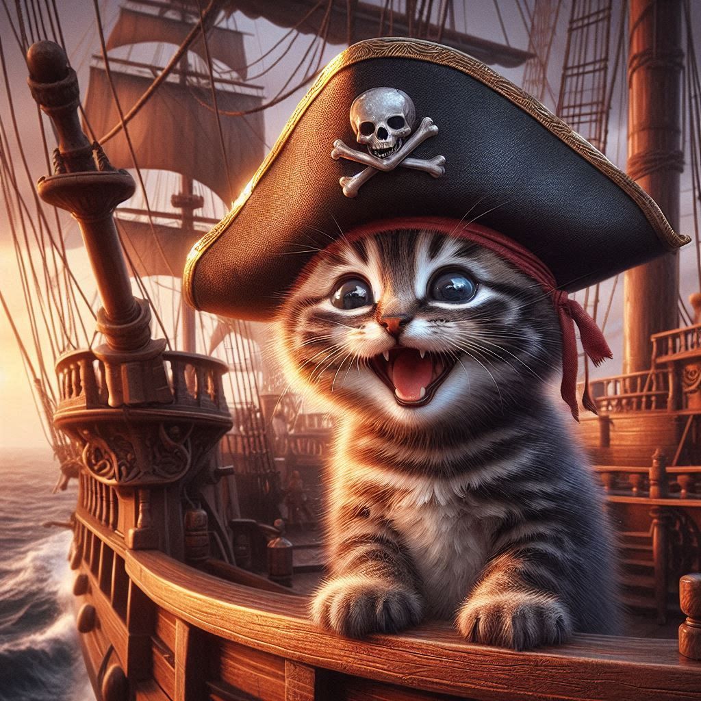 playful adorable pirate kitten cute pose laughing on pirate ship (open ...