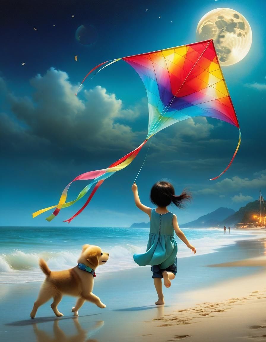 A girl flying a kite on the beach - AI Generated Artwork - NightCafe ...