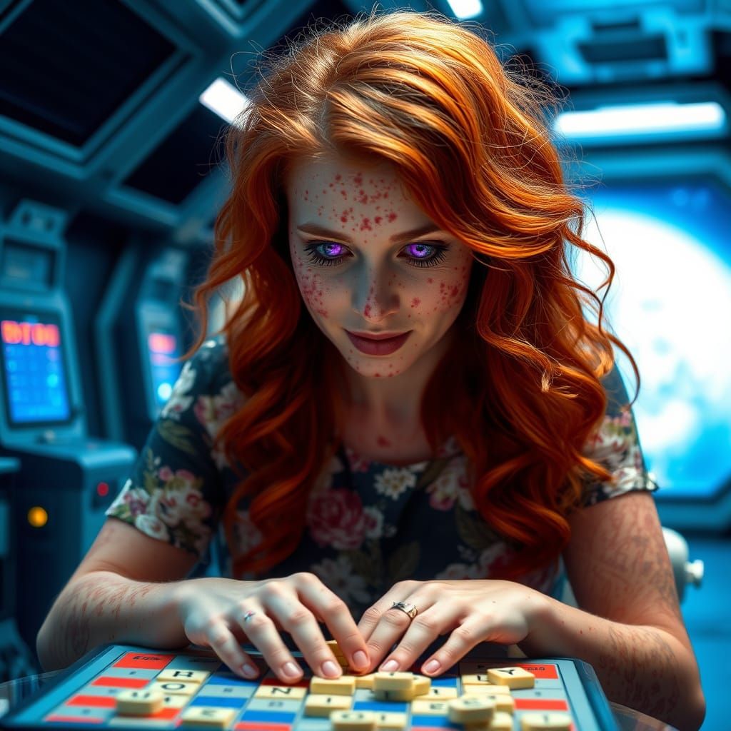 Freckled Woman Plays Scrabble in Cosmic Beauty - AI Art