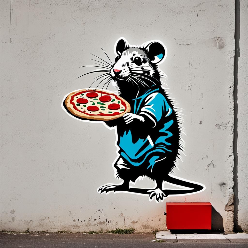 bansky graffiti on a wall featuring pizza rat abstract art ...