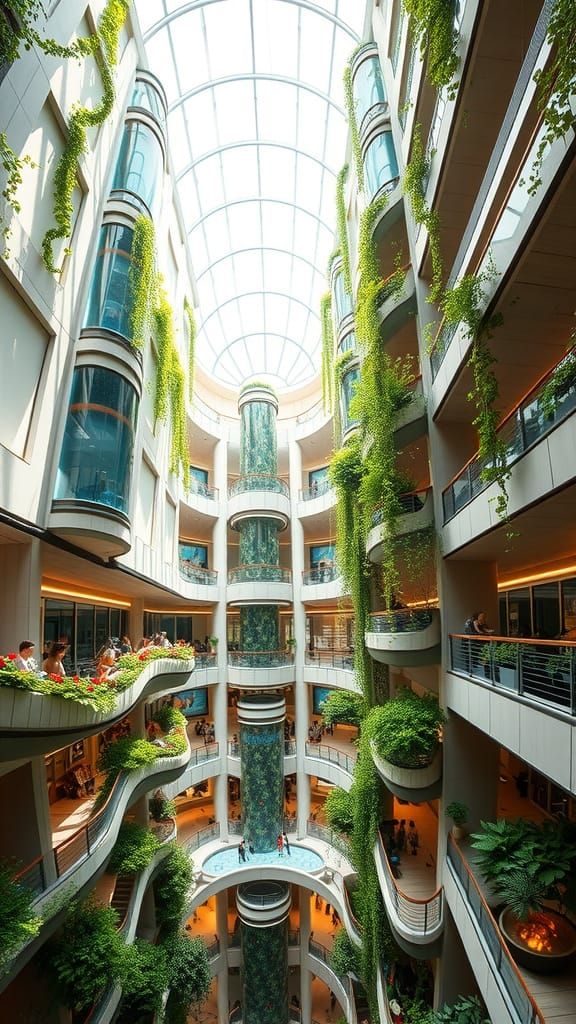 Interior view looking down from an upper level into the soaring central ...